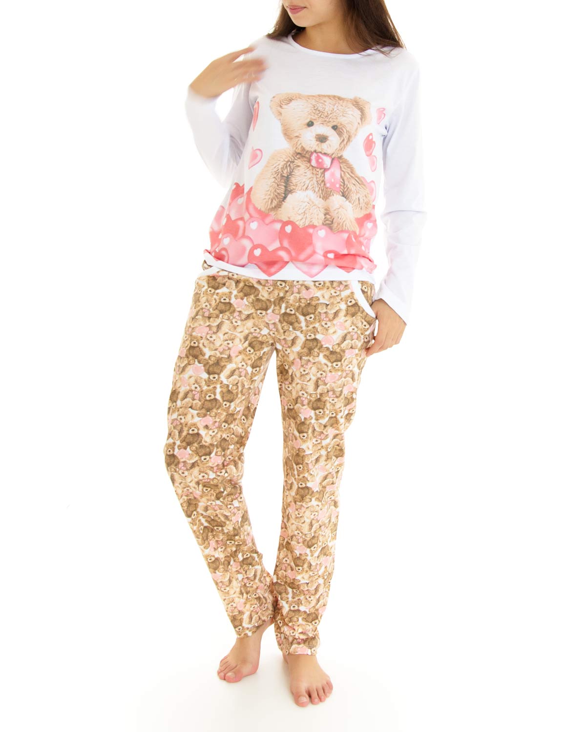 Pijama Feminino Lua Cheia Longo Urso Corações | Pijama Online - Pijama ...
