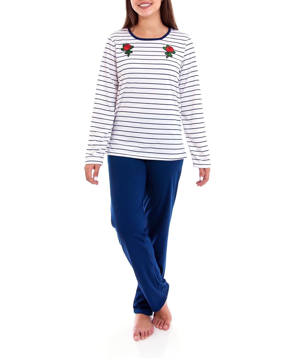Pijama Feminino Lua Cheia Longo Navy Bordado - Pijama Online