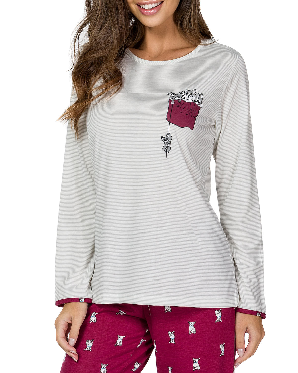 Pijama Feminino Lua Cheia Longo Listras Cachorros | Pijama Online ...